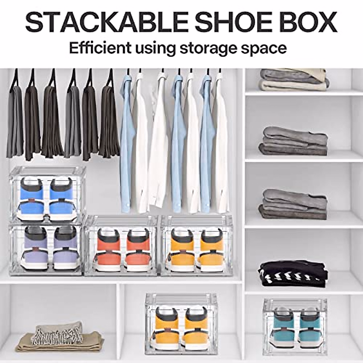 TVKB Large Clear Shoe Organizer Boxes Stackable Shoe Storage Sturdy Hard Plastic Shoe Box with Magnetic Front Door for Closet, Easy Assembly, Fit Up to Size 12(13.4"*10.6"*7.4)