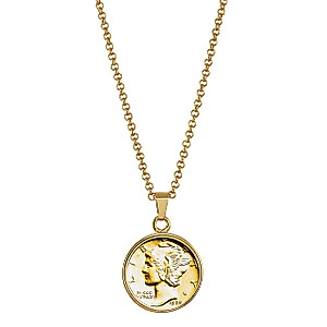 American Coin Treasures Gold-Layered Silver Mercury Dime Goldtone Coin Pendant with 18" Chain Necklace - Genuine and Elegant Keepsake Jewelry for Women | White Luxury Gift Box Included