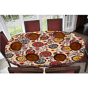 Atury Boho Sunflower Oval Fitted Tablecloths, Fantasy Flower Elastic Edged Table Cover, Waterproof Table Cloth Wrinkle Resistant Decor Indoor Family Banquet Use Fits Oblong 48'' x 72'' Table