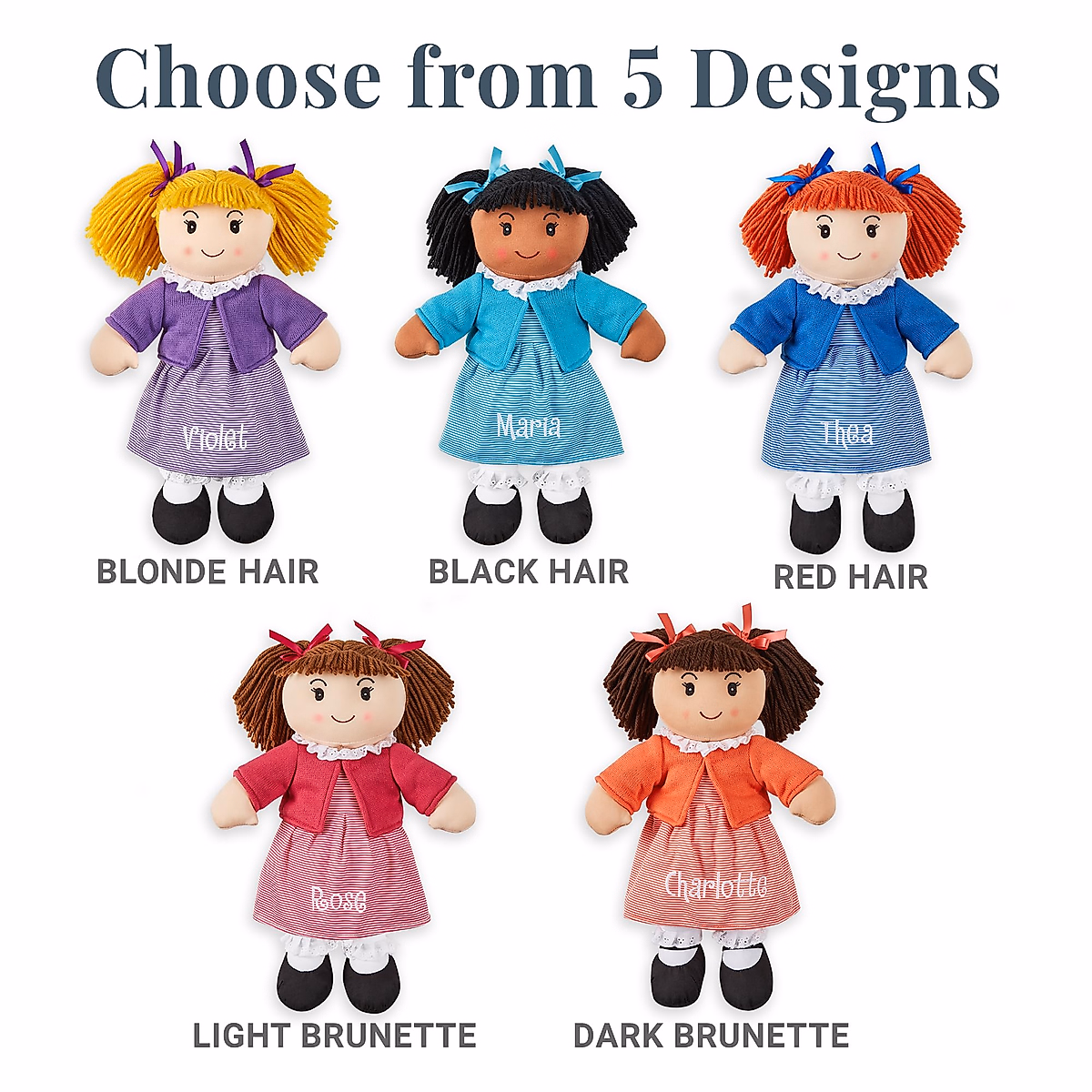 Let's Make Memories Personalized Rag Doll - Soft Doll for Kids - Dark Brown Hair - Disco