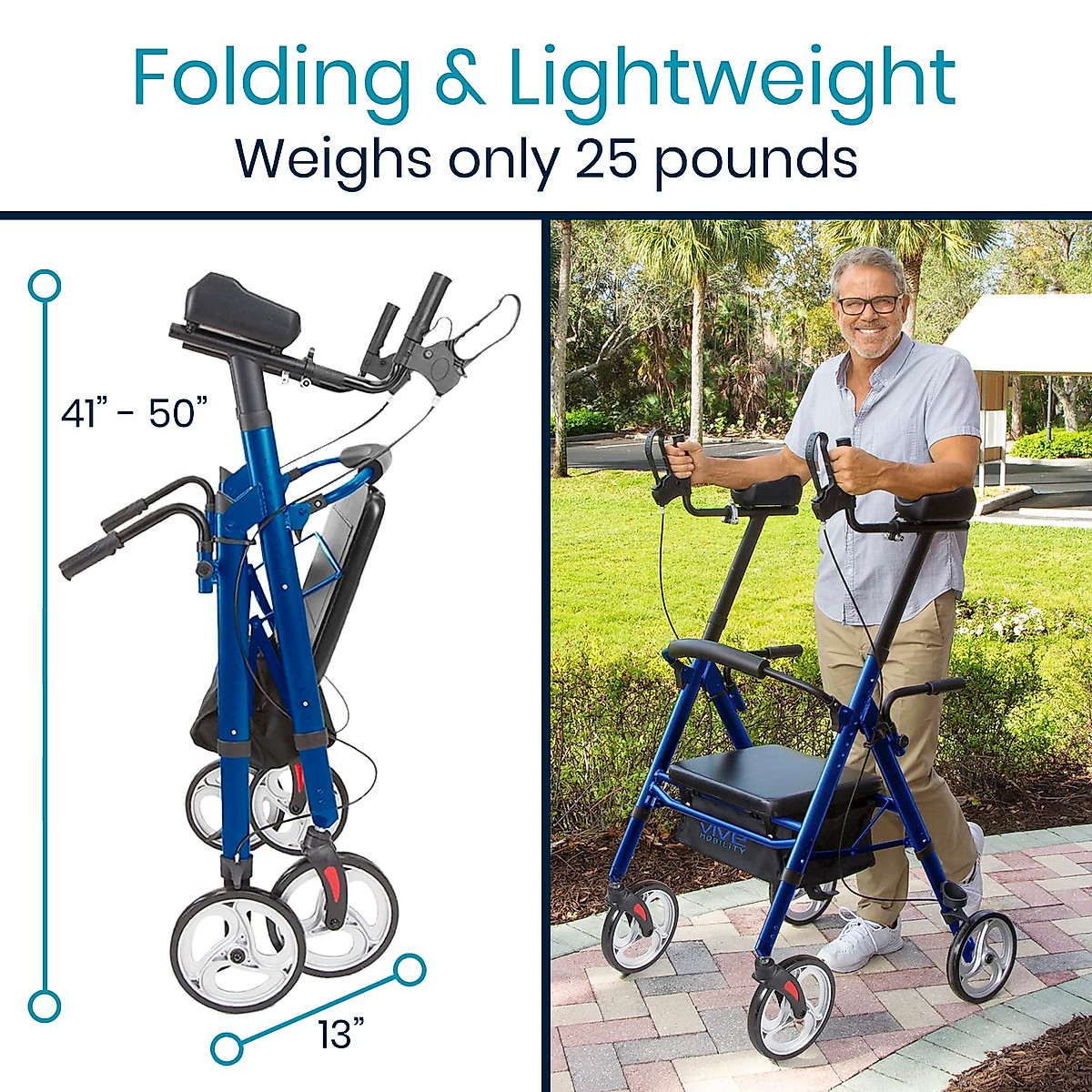 Vive Bariatric Upright Walker with Seat - Heavy Duty Senior Stand Up Rollator, Extra Wide Frame - Padded Armrest & Backrest -Mobility Aid Portable Rolling Walker with Bag - Fits Tall & Large People