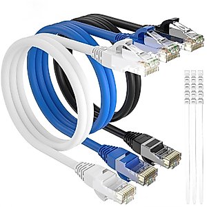 Adoreen Cat 6 Ethernet Cable 2 Ft-3 Pack,High Speed Short Patch Cables Network Cables, Soft Flexible Cat6 RJ45 LAN Internet Cable Cord Faster Than Cat 5e 5 Cable+15 Ties-Black+White+Blue