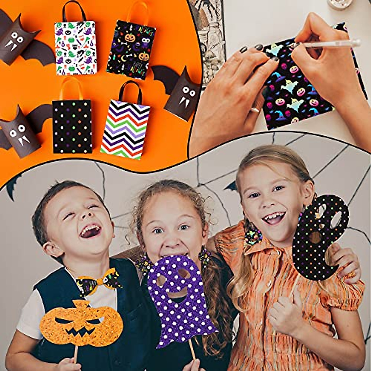 Whaline Halloween Faux Leather Sheets 8 x 12 Inch Pumpkin Ghost Dots Synthetic Leather Fabric Glittery Black Orange Green Faux Leather for Halloween DIY Craft Earring Hair Bow, 12 Sheet