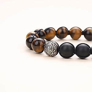 COAI 'Asia Blessing' Vintage 925 Sterling Silver Bead Onyx Tiger Eye Bracelet