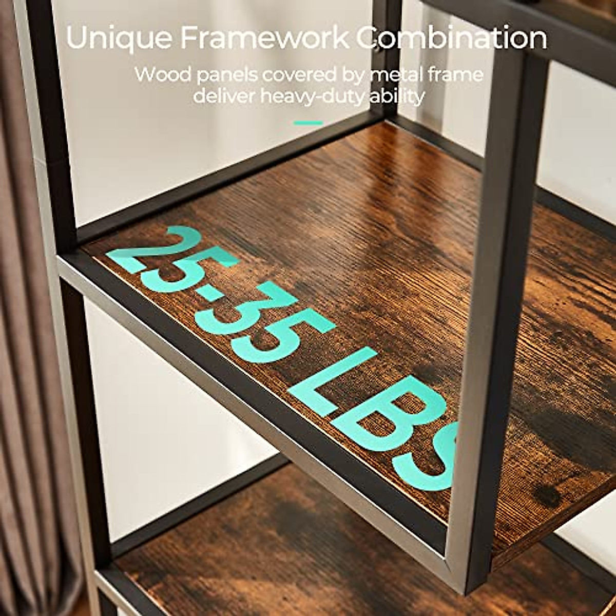 LINSY HOME 5-Tier Bookshelf, 68 Inches Metal Industrial Bookcase, Display Rack with Steel Frame, Storage Rack Shelf for Office, Bathroom, Living Room, Rustic Wood