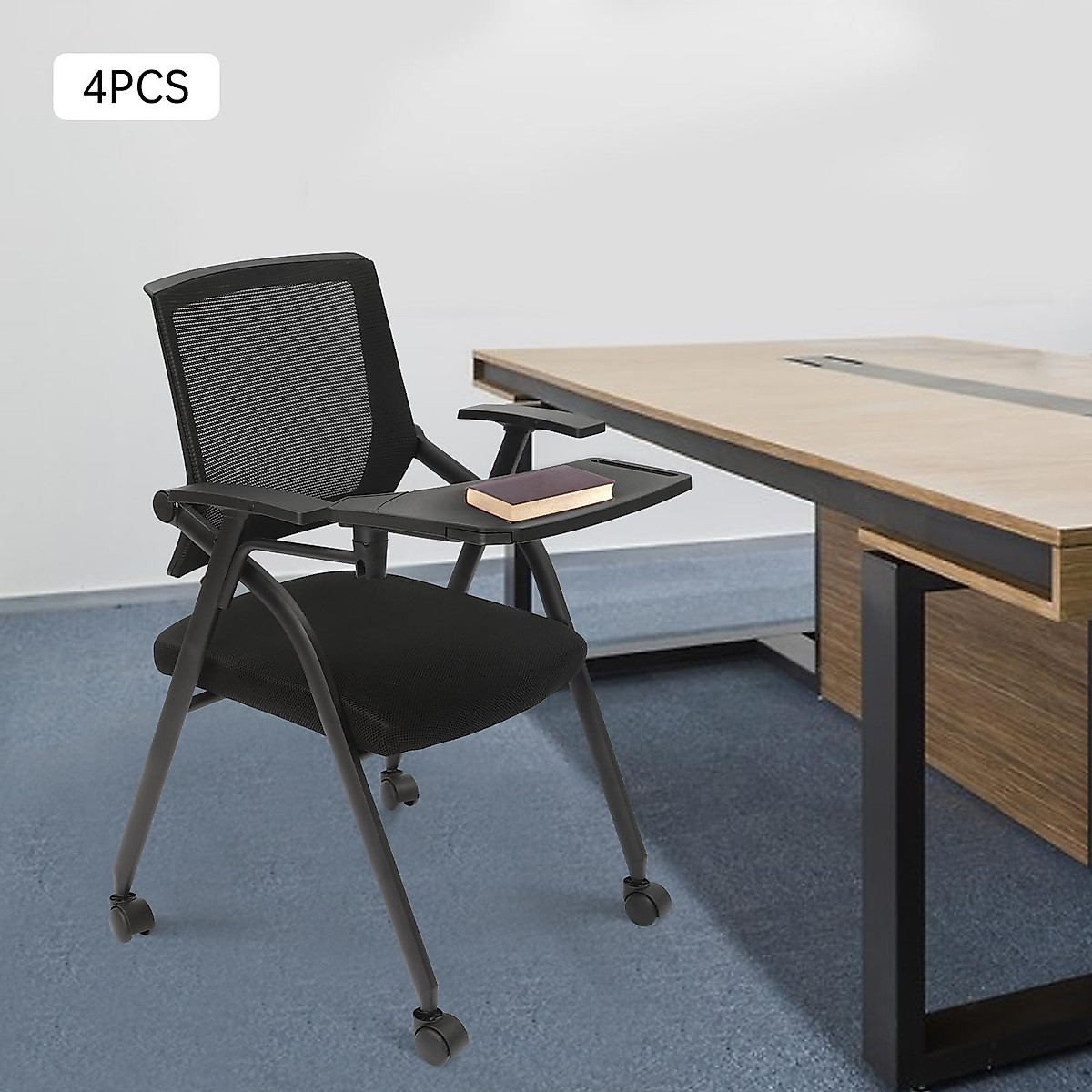 XIANXUS Conference Room Chairs Foldable Desk Chair,Stacking Tablet Arm Chair with Caster Wheels for Office School Classroom Training (with Desktop 4 Pack)