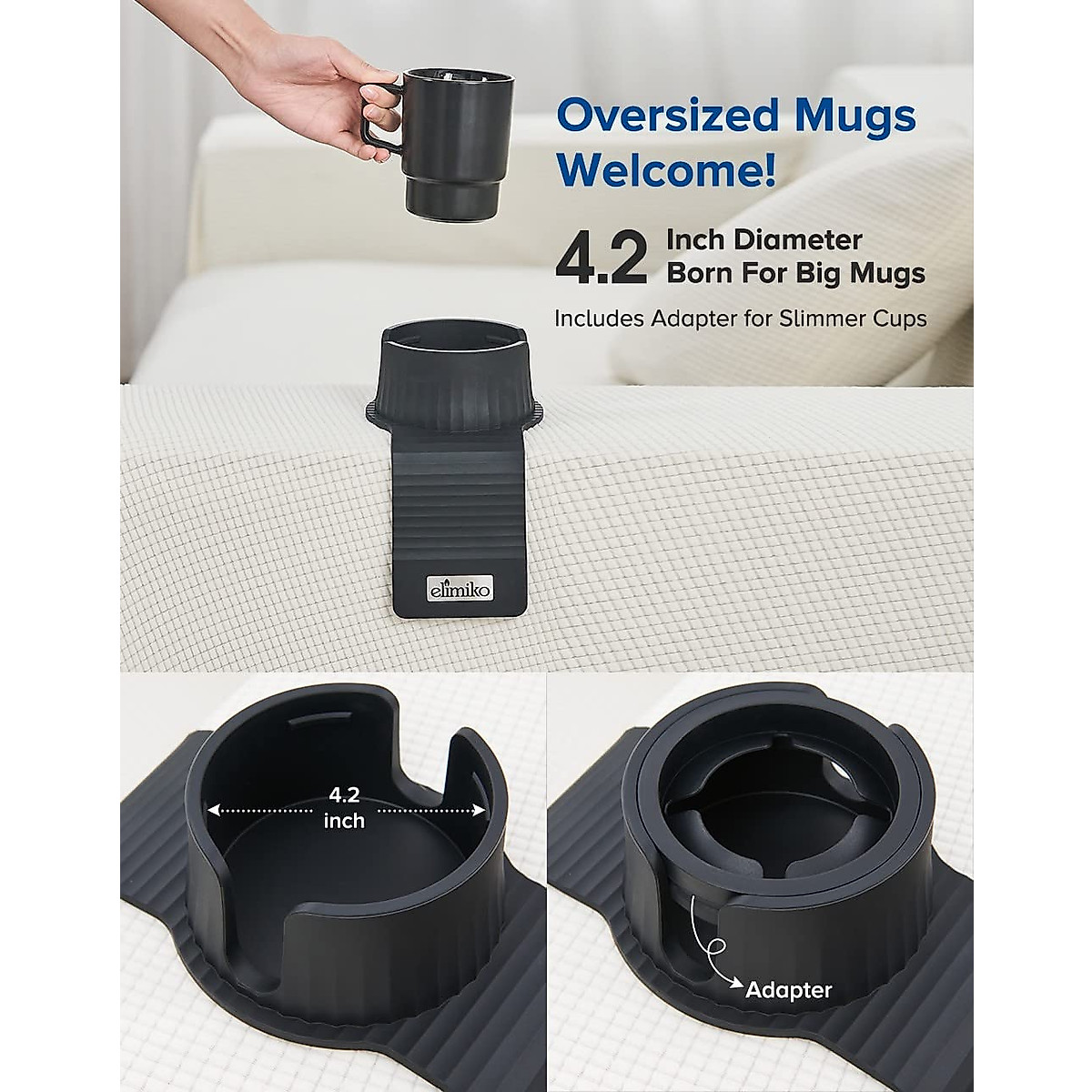 Couch Cup Holder, Elimiko Silicone Sofa Drink Holder with Upgrade Large Cup Holder, for Oversized Mug/Cup/Tumbler/Drink/Coffee/Bottle/Cans (Mocha Brown)