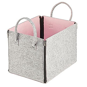 mDesign Soft Felt Cube Bin Box with Zipper - Attached Handles - Storage for Closet, Bedroom, Furniture Shelving Units - Textured Print - Light Pink/Light Gray