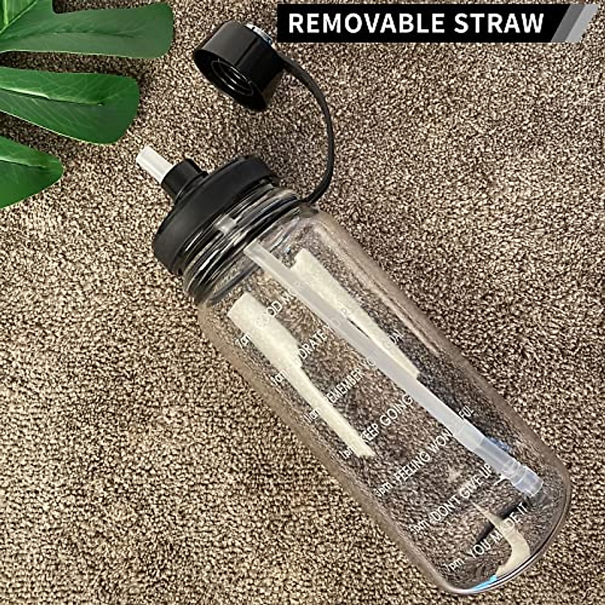 Ferexer Large 48 oz Glass Water Bottle with Straw & Time Marker, Reusable Motivational Borosilicate Water Bottle with Neoprene Sleeve BPA Free