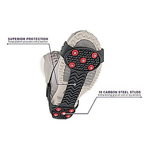 Ice Gripster Treads Nonslip Traction Cleats for Snow and Ice, Anti-Slip Overshoe Crampons with Adjustable Cinch Cord, 10 Carbon Steel Studs for Secure Grip, Extra Large, Black and Red