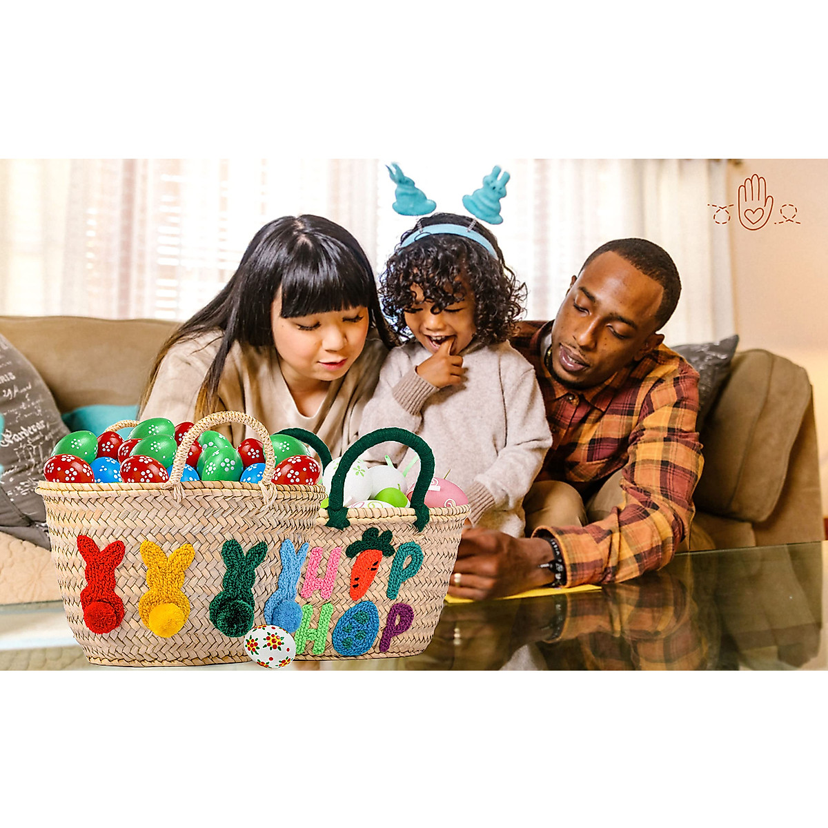 KING OF HANDMADE Personalized Easter Basket for Boys Girls with Custom Name, Cute Rabbit and Colorful Pompoms - Perfect for Easter Egg Hunt, Bucket Candies, Spring Birthdays and Baby Showers