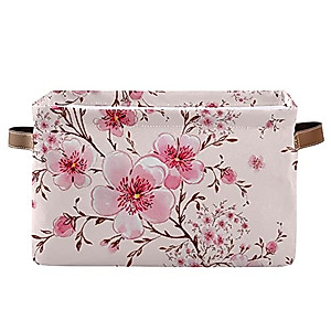 Cherry Blossom Basket Large Foldable Storage Bin Pink Flowers Canvas Toys Box Fabric Decorative Collapsible Organizer Bag with Handles for Bedroom Home