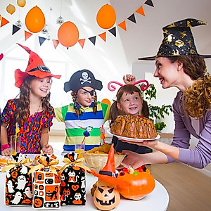 Shintop Halloween Goodie Bags Drawstring, 50PCS Small Treat Candy Bags Reusable Plastic Gift Bags Party Favors Supplies for Trick or Treat Sweets Cookies (Ghosts, Black Cats, Pumpkins)