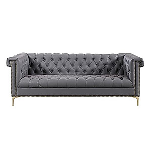 Iconic Home Winston Nail Head Tone Legs PU Leather Modern Contemporary Button Tufted with Gold Nailhead Trim Goldtone Metal Y-Shaped Feet Sofa, Grey