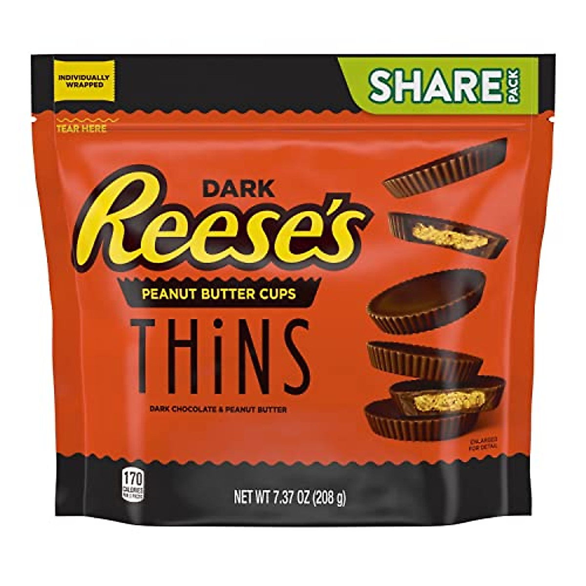 REESE'S THiNS Dark Chocolate Peanut Butter Cups, Candy Share Pack, 7.37 oz
