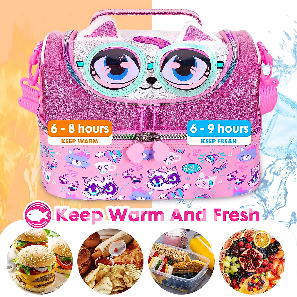 YOYTOO Kids Double Decker Cooler Insulated Lunch Bag Large Tote for Boys, Girls, Men, Women, with Adjustable Strap, Cat