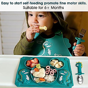 Dinosaur Silicone Baby Feeding Set |Toddler Utensils, baby spoon and fork, waterproof bibs, bowl & suction plates for Self-Feeding. Baby Led Weaning, Toddler feeding supplies. (Dino Green)