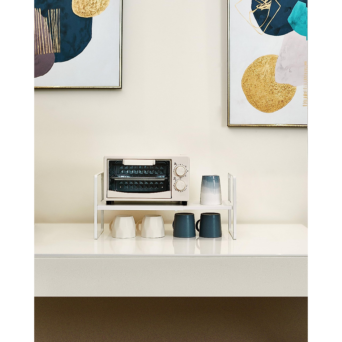 Nxconsu Cabinet Shelf Expandable Height Adjustable Organizer Riser for Kitchen Cabinet Pantry Cupboard Under Sink Countertop Organization Storage Space Saver Stackable Heavy Duty Metal White