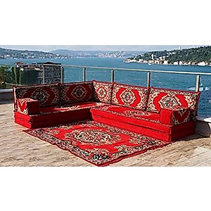 Floral Floor Sofa Seating Set, Arabic Floor Sofa Set, Garden Sofas, Oriental Floor Seating, Floor Cushions, Floor Couches, Arabic Majlis (L Sofa + Rug)