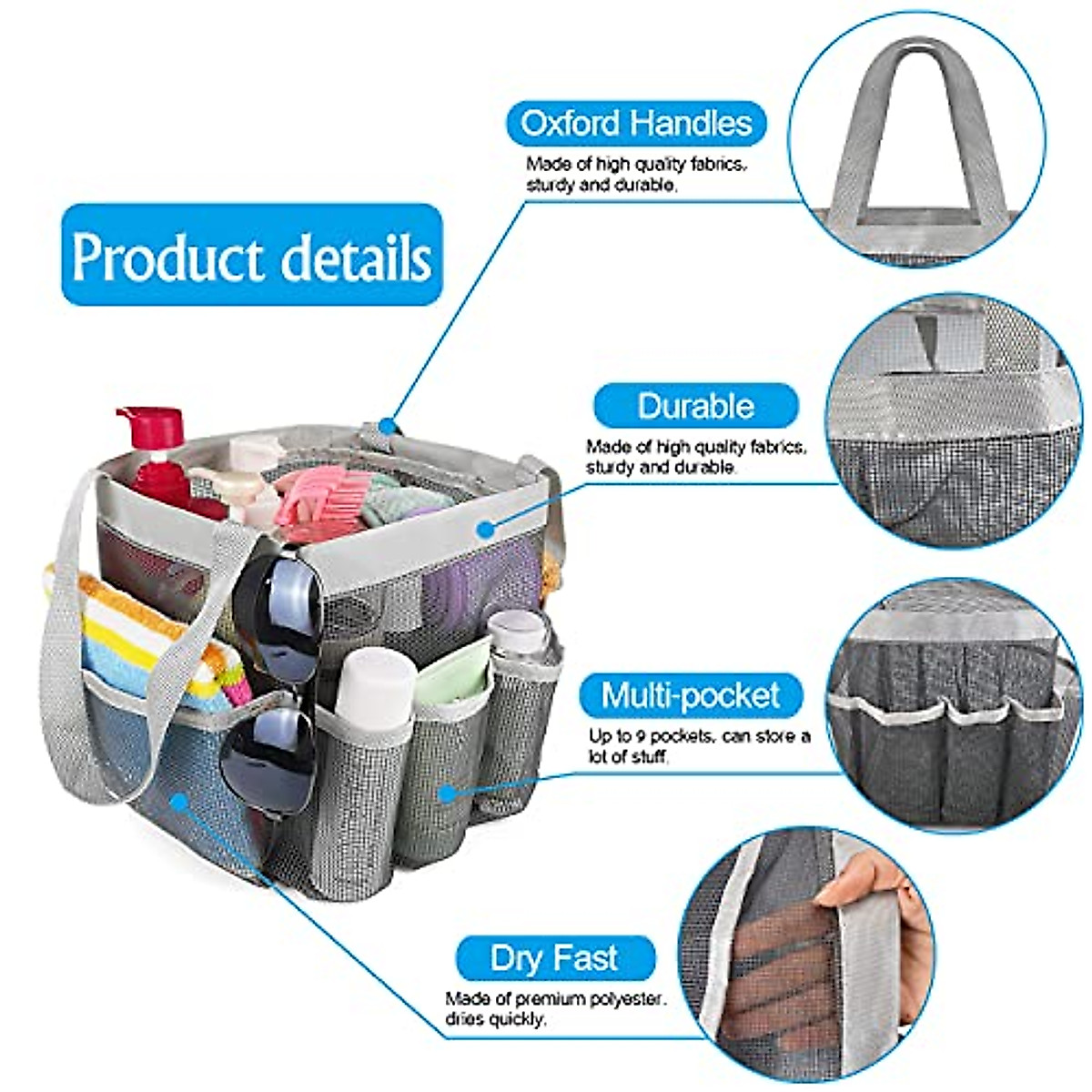 8 Pocket Mesh Shower Caddy Basket Portable, Toiletry Caddy Organizer for Bathroom College Dorm Room, Gym, Showers, Swimming, Travel Essentials and for Bathroom Accessories (Gray)