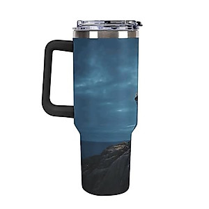 LLUTSNTH 40 Oz Vacuum Tumbler with Black Handle Leakproof Insulated Tumbler Lighthouse at Night Stainless Steel Travel Mug with Lid And Straw Coffee Cup Cute Water Bottles Cup Holder Friendly