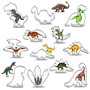 FACATH Dinosaur Cookie Cutters Set, 12 Piece Stainless Steel Shaped Cookie Candy Food Cutters Molds for DIY, Kitchen, Baking, Kids Dinosaur Theme Birthday Party