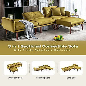 JOMEED Convertible Sectional Sofa Couch, Modern Oversized Velvet Fabric L-Shaped Couch Sofa Bed with Adjustable Backrest for Living Room, Apartment