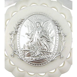 Moulded Acrylic White Crib Medal with Guardian Angel for Baby Nursery Decor, 3 1/2 Inch