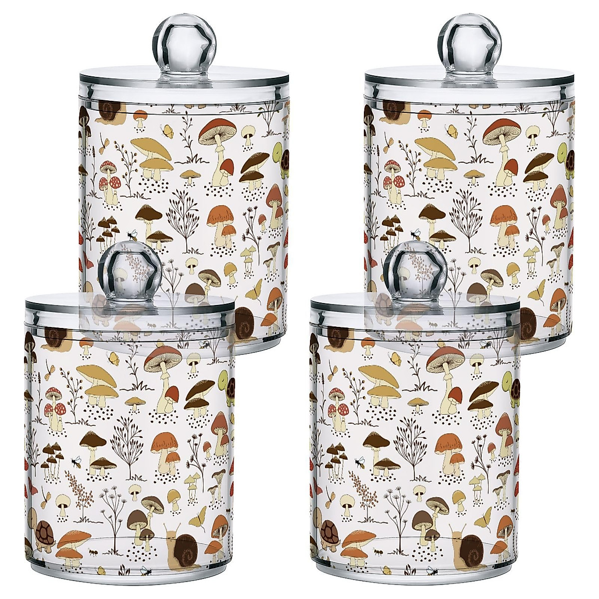SDMKA 2 Pack Apothecary Jars Bathroom Cute Cartoon Mushrooms Qtip Holder Dispenser Clear Plastic Storage Canister Jar with Lid for Cotton Ball, Cotton Swab