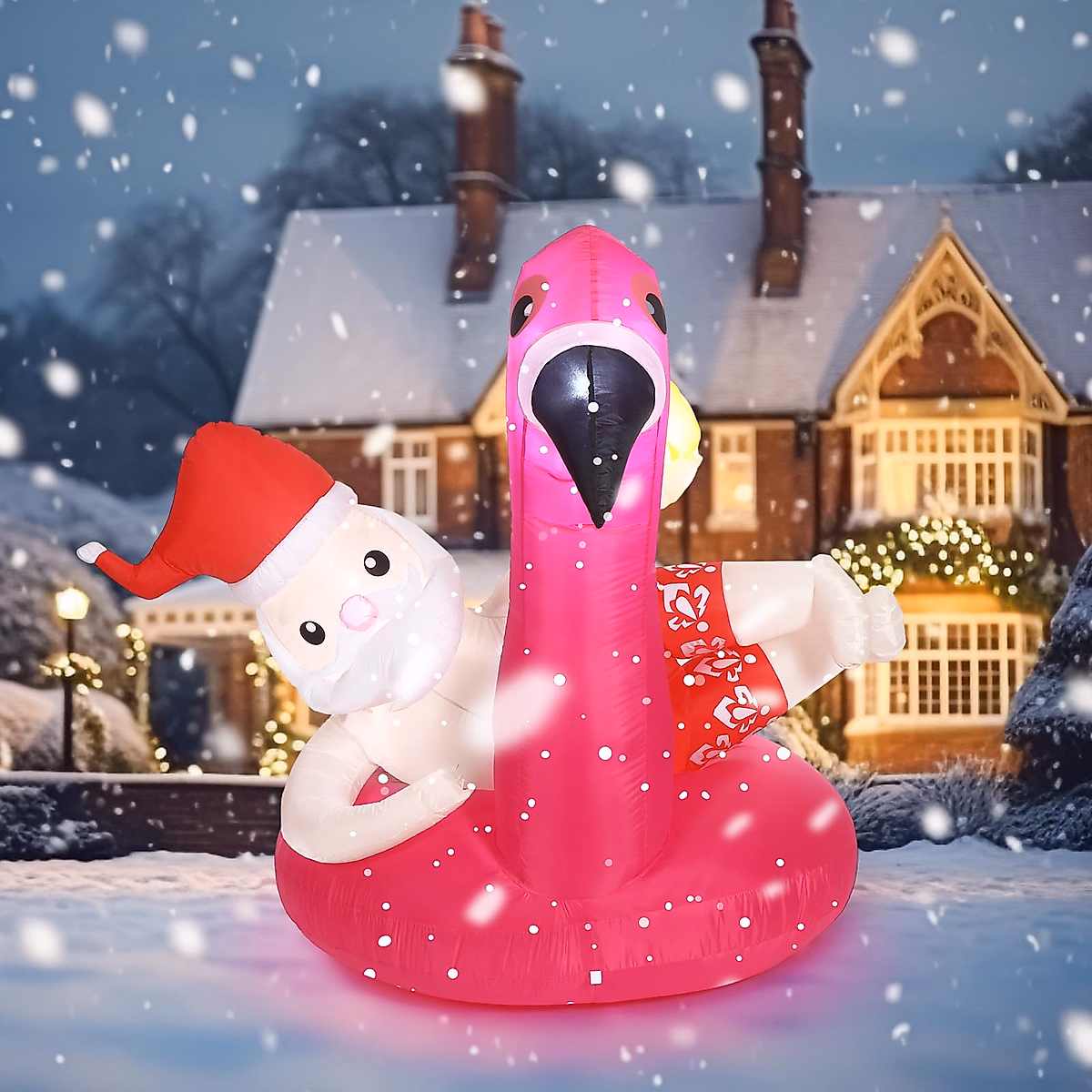 Liliful 5 ft Hawaiian Laua Santa on Flamingo Pool Float Christmas in July Inflatables Outdoor Decorations Blow Up Lighted Santa Claus with Flamingo Yard Decorations for Garden Lawn Xmas Decor