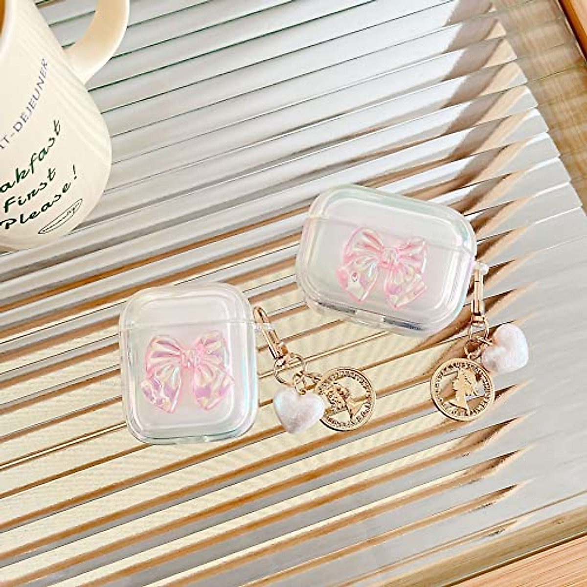 Ownest Compatible with AirPods Case Cute Clear Gradual Laser Bow Pattern Girls Woman Soft Silicone Shockproof Love Heart Keychain Design Cover for AirPods Pro-Transparent