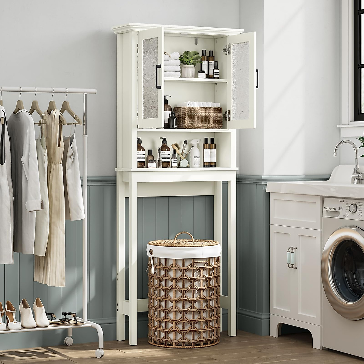 Baztin Over The Toilet Storage Cabinet, Over Toilet Bathroom Organizer with Doors and Adjustable Shelf, Thicken Frame Above Toilet Storage Cabinet Behind Toilet Bathroom Organizer, Cream White