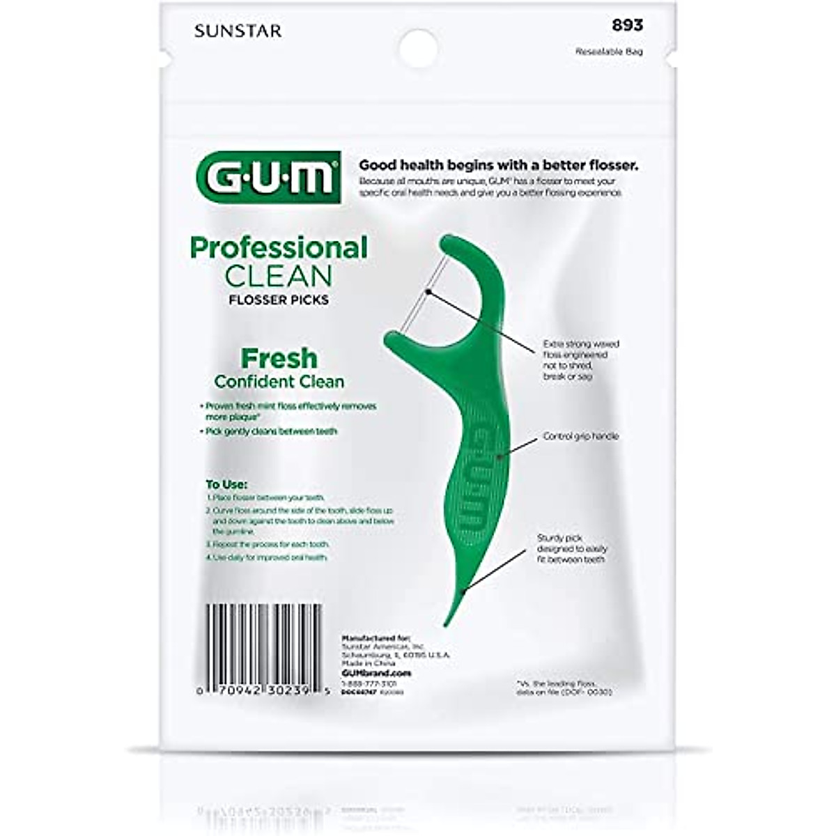 GUM Professional Clean Flossers Fresh Mint - 90 ct, Pack of 5