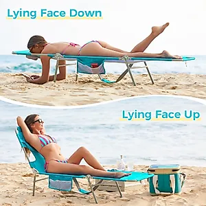 #WEJOY Chaise Lounge Chair with Face Arm Hole Foldable Patio Sun Chair with Adjustable Backrest and Padded Pillow Heavy Duty Folding Beach Lounger for Camping Sunbathing Lawn Pool Garden Yard