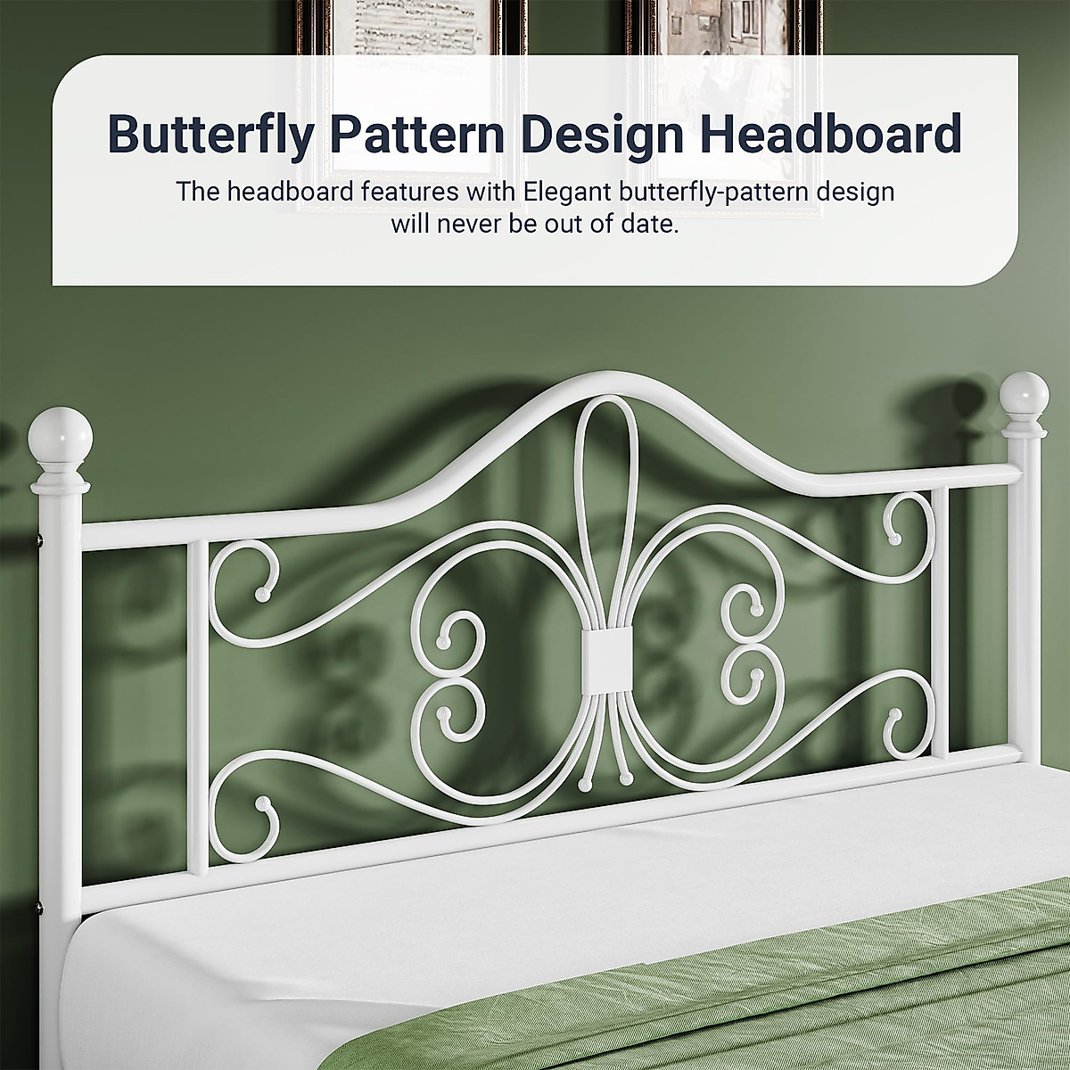Allewie Full Size Bed Frame with Headboard,Metal Bed Frame with Butterfly Pattern Design Headboard & Footboard,No Box Spring Needed,Easy Assembly,White