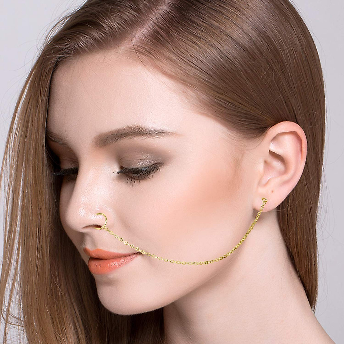 Honbay 2PCS Pierced Indian Nose Rings with Chain Nose to Ear Chain