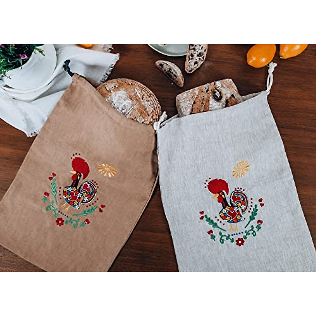 Artisan Linen Bread Bags, Embroidered Set of 2 Large Reusable Bread Bags for Homemade Bread with Drawstring - Gifts for Bakers - Rooster Gifts for Women