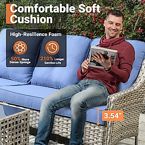 ovios 5 Piece Outdoor Patio Furniture with 3 Seat Sofa,Rattan Wicker Coversation Set with Swivel Rocking Chair,Balcony Sofa Set with Shiny Table for Outside Porch Backyard Pool,Blue