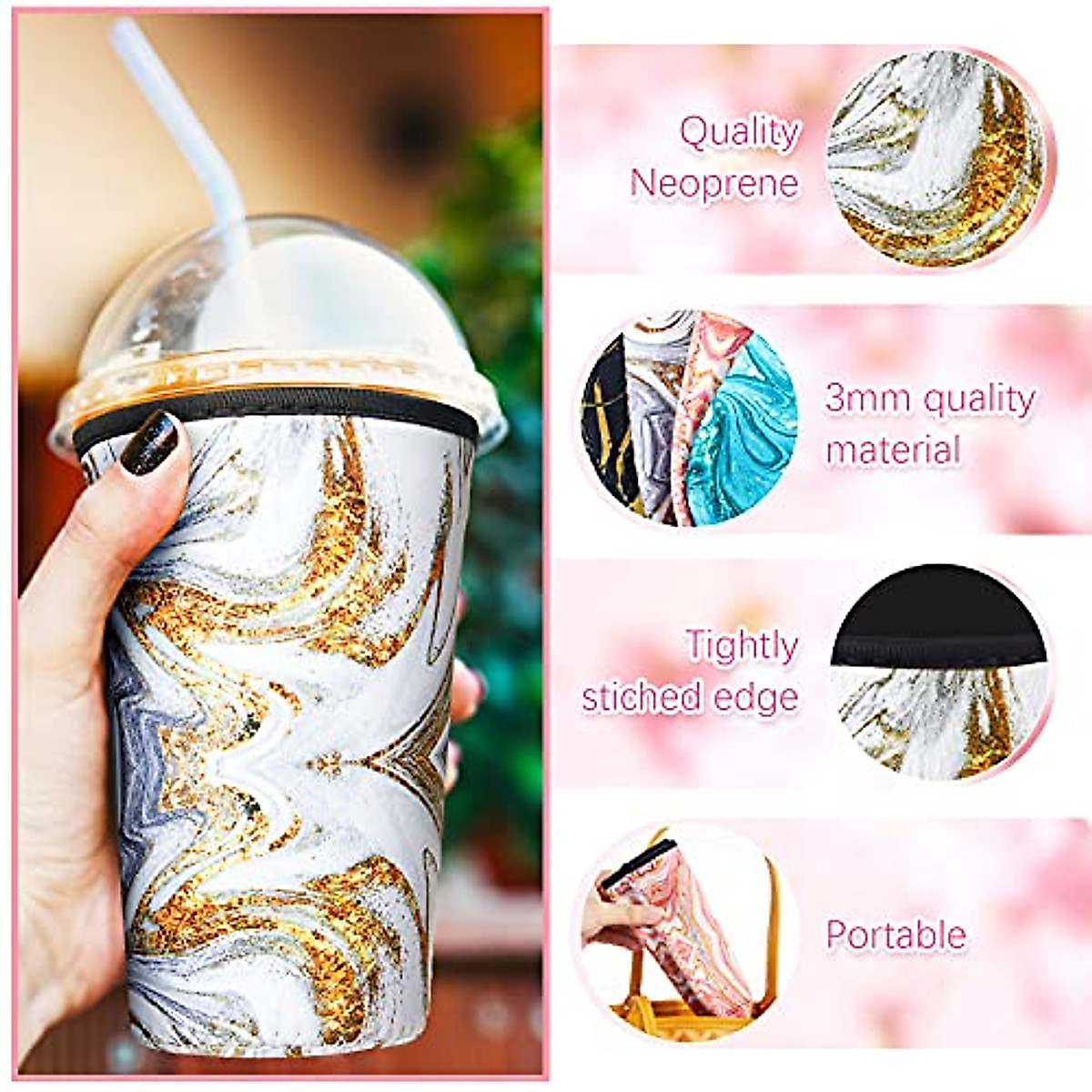 4 Pieces Marble Coffee Cup Sleeves Slim Can Cooler Reusable Neoprene Insulated Cup Sleeves Cup Cover Holders Water Bottles Cup Sleeves Non-Slip Drink Sleeves for Camping 30-32 oz Cold Hot Beverages