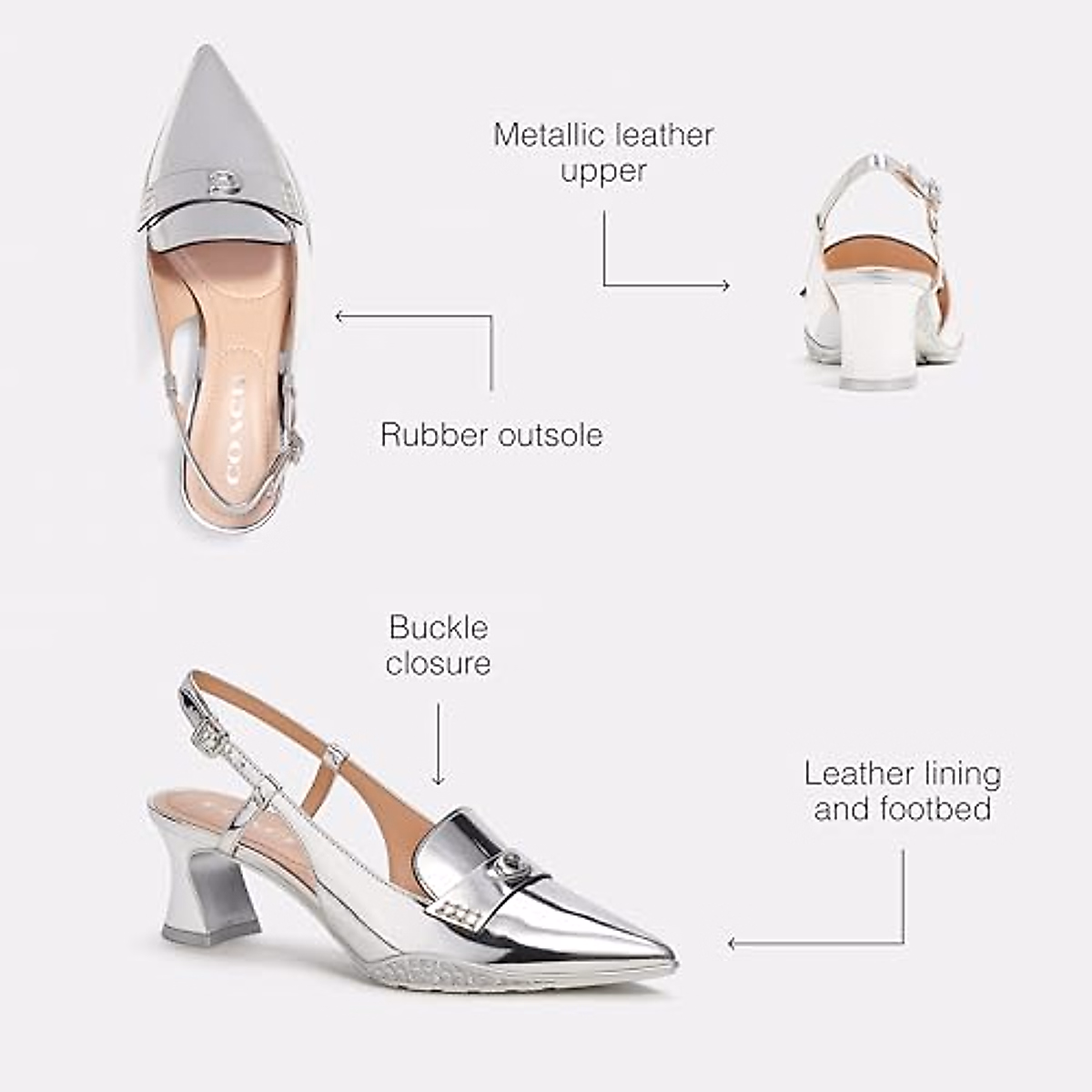 Coach Women's Nikola Metallic Leather Hybrid Slingback Pump, Silver, 7