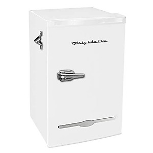 Frigidaire Retro Compact Fridge with Chiller, 3.2 cu ft Countertop Fridge with Built-In Bottle Opener, Compact Refrigerator for Office, Bedroom, Dorm Room or Cabin - 16.5" D x 19" W x 31" H (White)