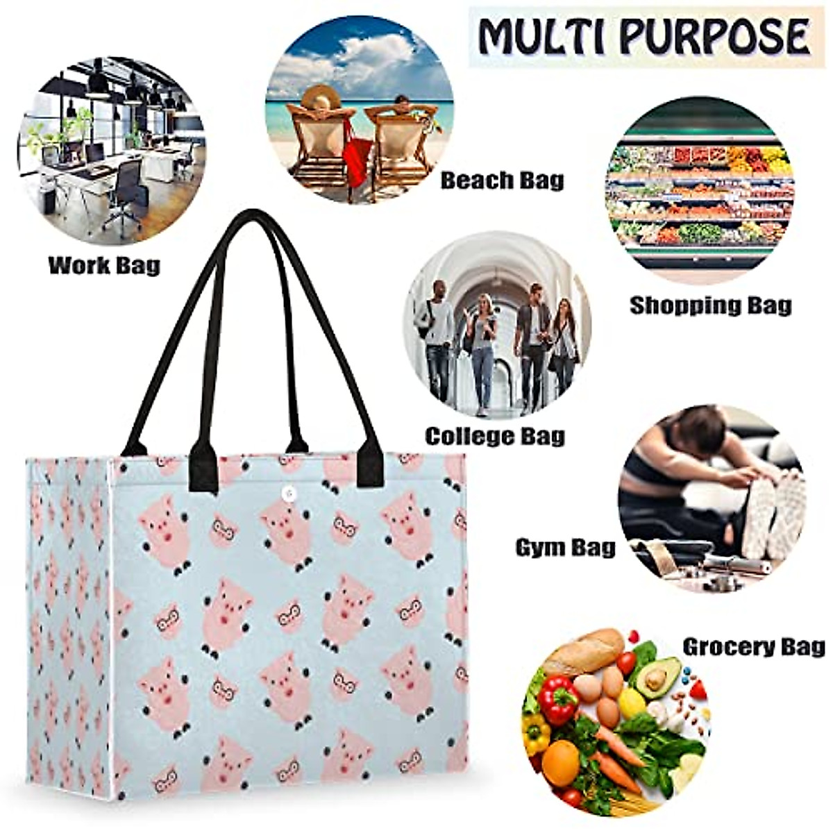 Cute Cartoon Pig Reusable Grocery Shopping Bag with Hard Bottom, Animal Pig Large Foldable Multipurpose Heavy Duty Tote with Zipper Pockets, Stands Upright, Durable and Eco Friendly, Beach Bag