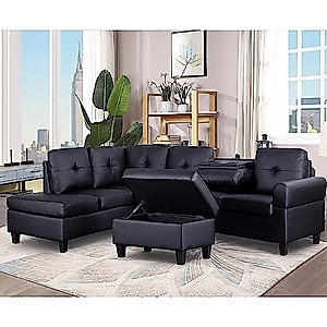 Goohome Sectional, L-Shaped Storage Ottoman/2 Cup Holder,Modular Comfortable Upholstered Couches with Extra Wide Chaise Lounge,Sofas for Home/Office Living Room Furniture Sets, Black