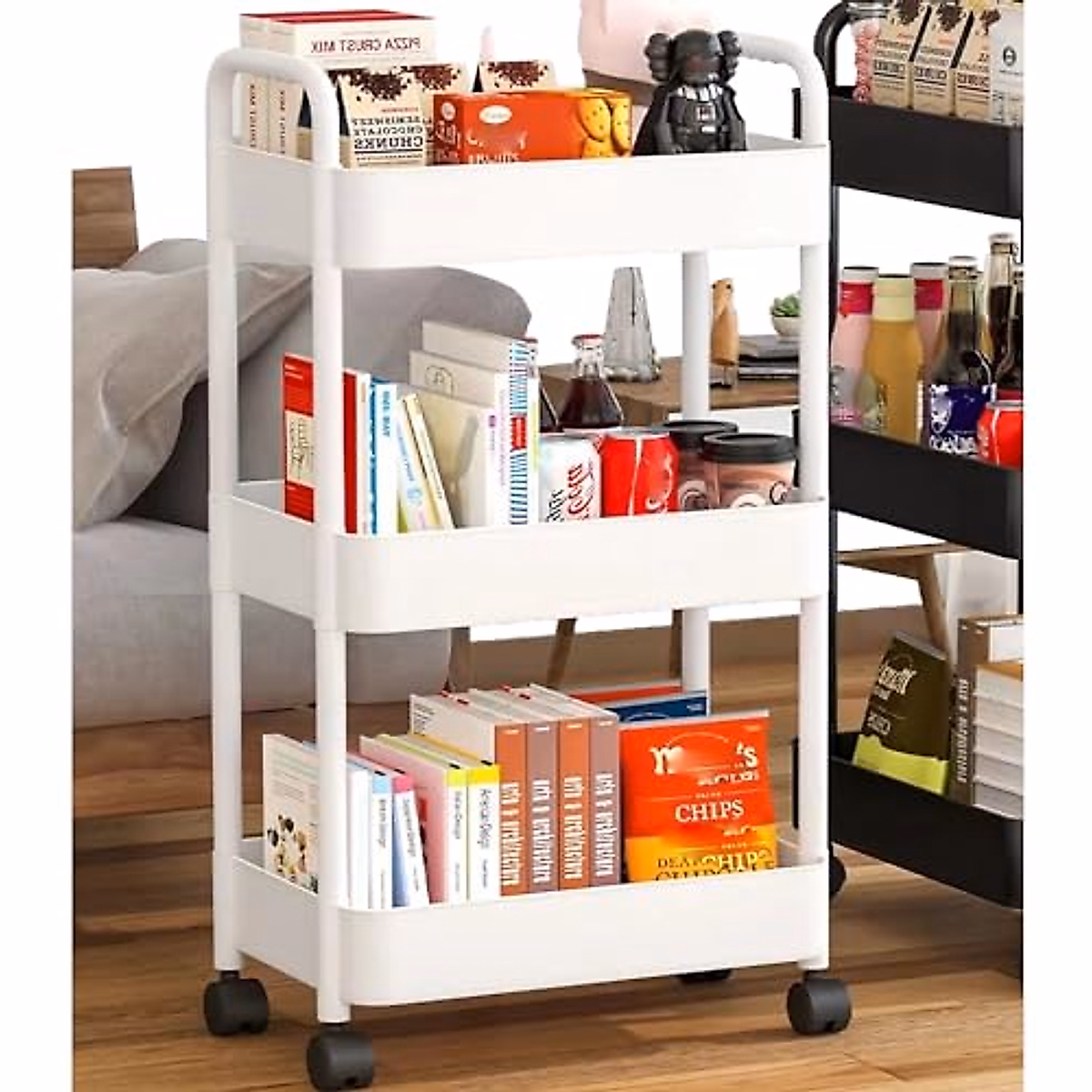 3-Tier Plastic Rolling Utility Cart Storage Cart Organizer with Wheels Small Laundry Room Cart for Dorm Organization Bathroom Kitchen Office (White)
