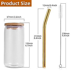 VIKEYHOME 2 Pack Drinking Glasses, Can-shaped Glass Cups with Bamboo Lids and Gold Stainless Steel Straws, 16 oz Beer Glasses, Iced Coffee Glasses, Cute Tumbler for Jam, Juices and Cocktail