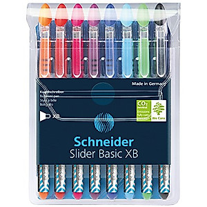 Schneider Slider Basic XB (Extra Broad) Ballpoint Pen, 1.4 mm, Transparent Barrel, Assorted Ink Colors, Pack of 8 Pens (151298)