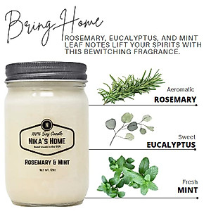 Nika's Home Rosemary Mint Soy Candle 12oz Mason Jar Non-Toxic White Soy Candle Handmade, Long Burning 50-60 Hours Highly Scented All Natural, Clean Burning Large Candle Gift Décor