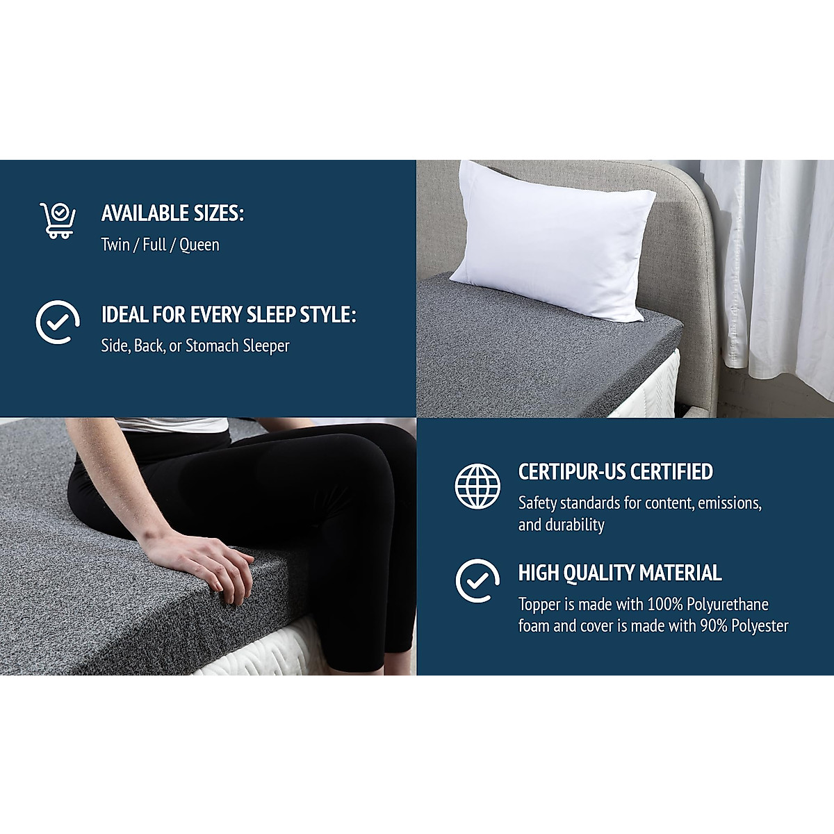 SweeMate 4 Inch Memory Foam Mattress Topper - Body Cooling - Breathable - Removable Cover - CertiPUR-US Certified - Twin/Full/Queen (Twin), Gray