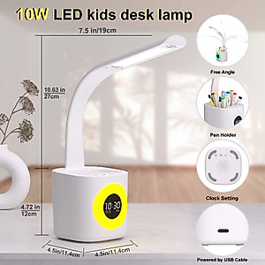 YOUKOYI LED Desk Lamp, Desk Lamps for Home Office, 10W Dimmable Study Desk Light with Pen Holder&Colorful Night Light&Clock, Kids Desk Lamp- 4 Lighting Modes&5 Brightness Level, Eye-Care Reading lamp