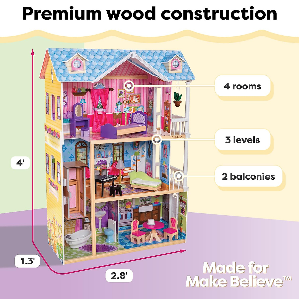 KidKraft My Dreamy Wooden Dollhouse with Lights and Sounds, Elevator and 14 Accessories, Gift for Ages 3+